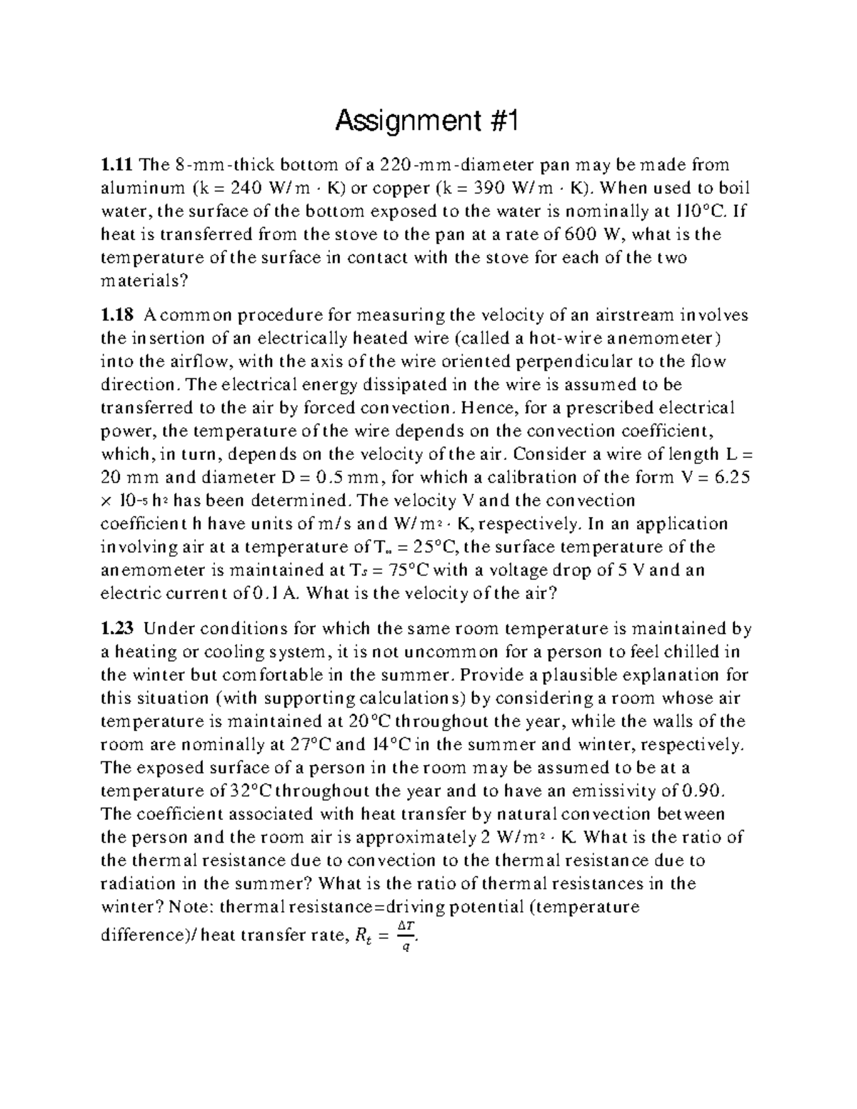 Assignment #1 - Thermal Conductivity and Heat Transfer Problems - Studocu