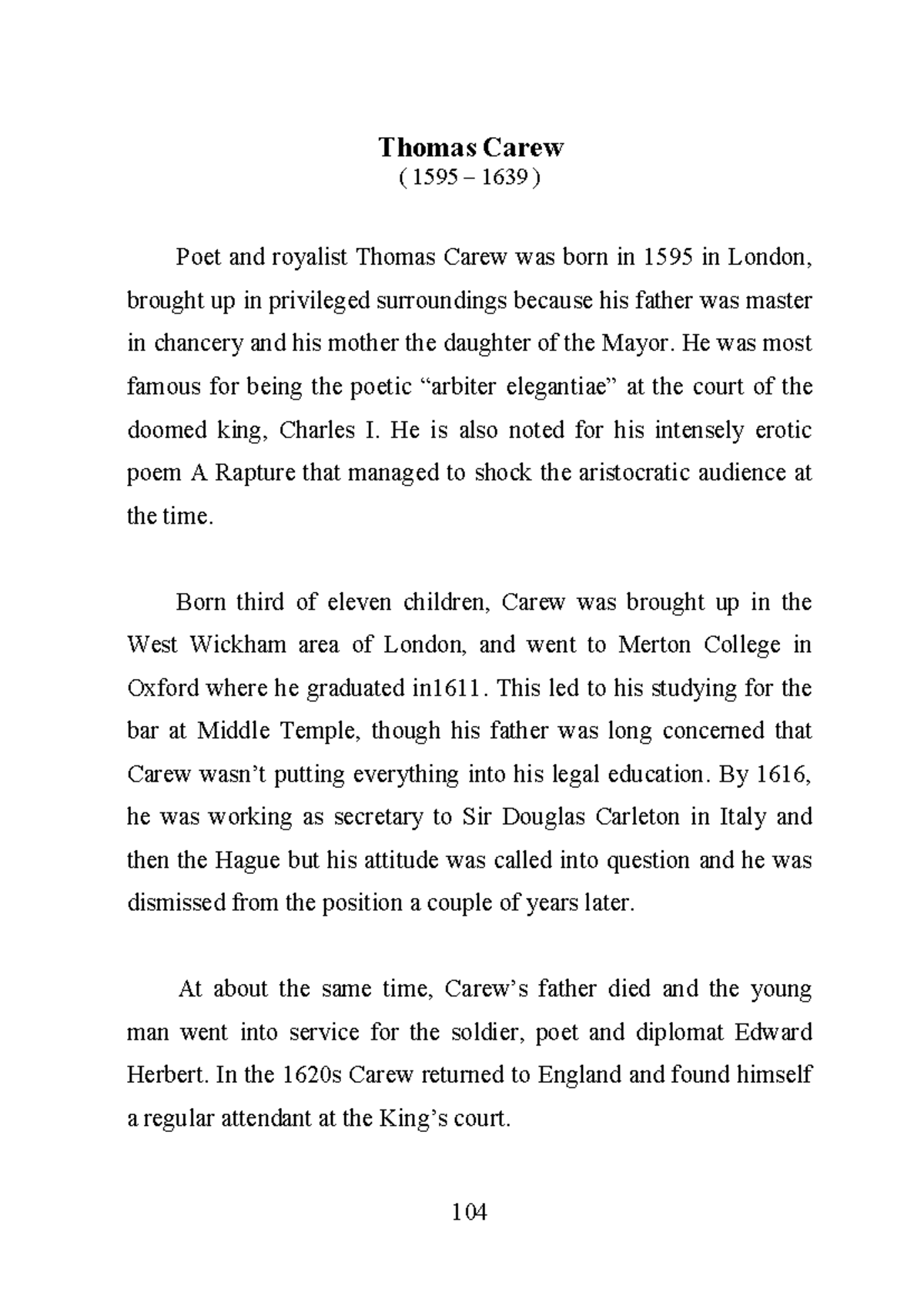 Thomas Carew: A Study of the Cavalier Poet (17th Civ) - Studocu