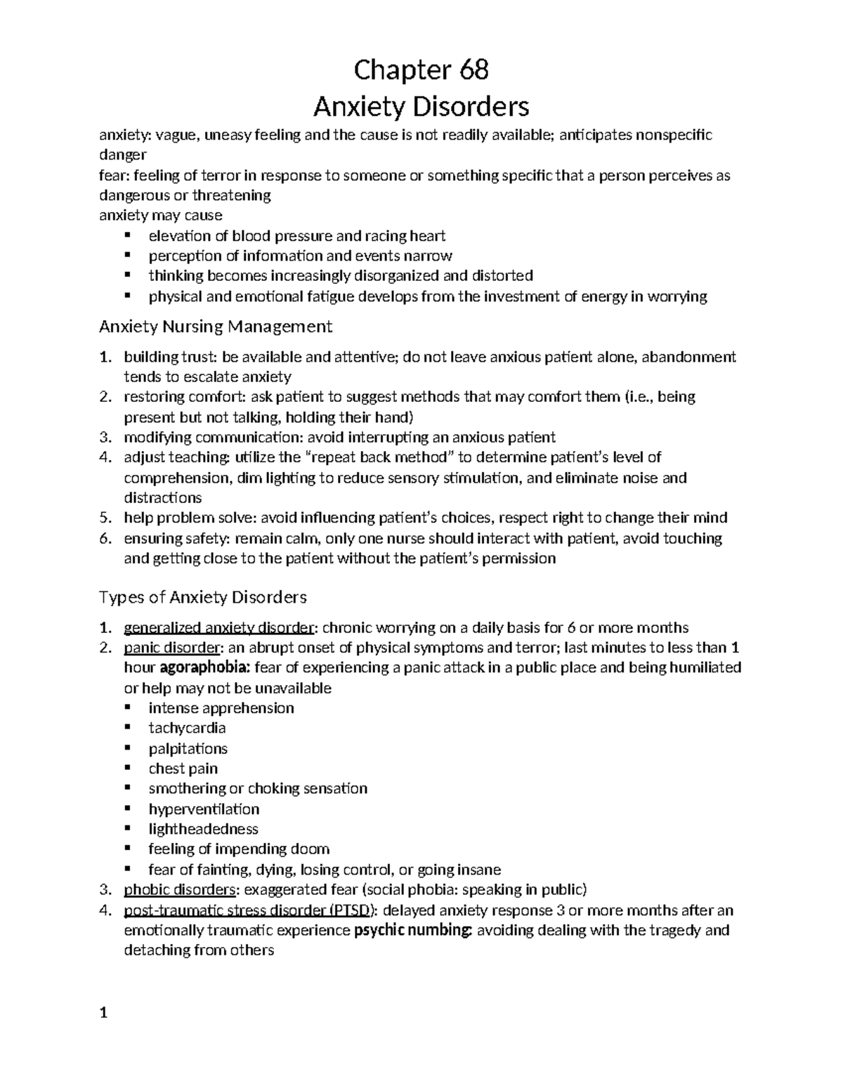 Mental Health Chapter 68 Notes - Chapter 68 Anxiety Disorders anxiety ...