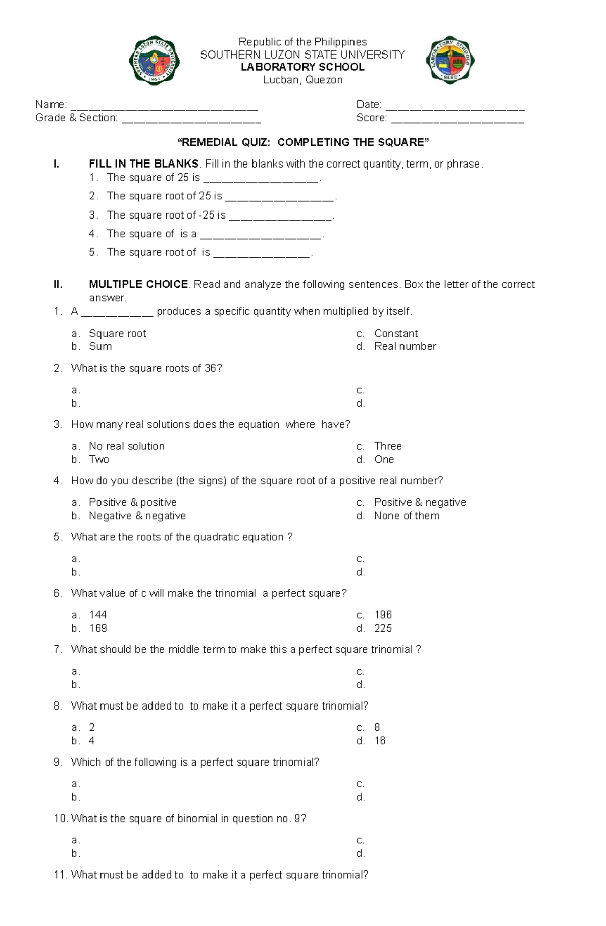 Remedial Quiz 2 - Completing the Square Concepts and Practice - Studocu
