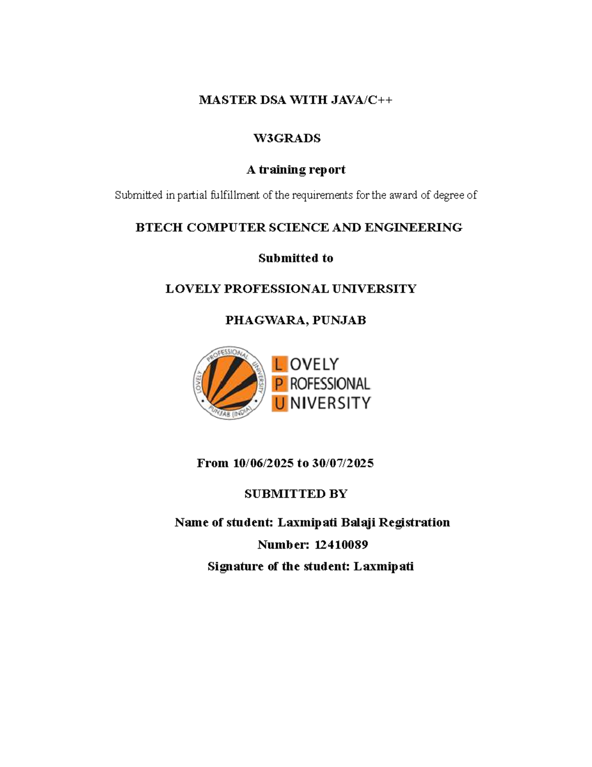 BTECH CSE: Summer Training Project Report on DSA with W3Grads - Studocu