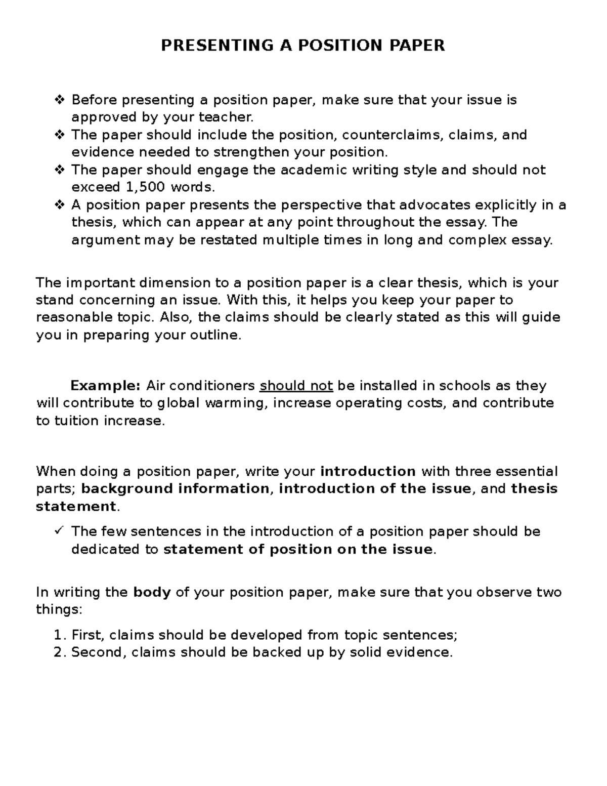 Presenting a Position Paper - PRESENTING A POSITION PAPER Before ...