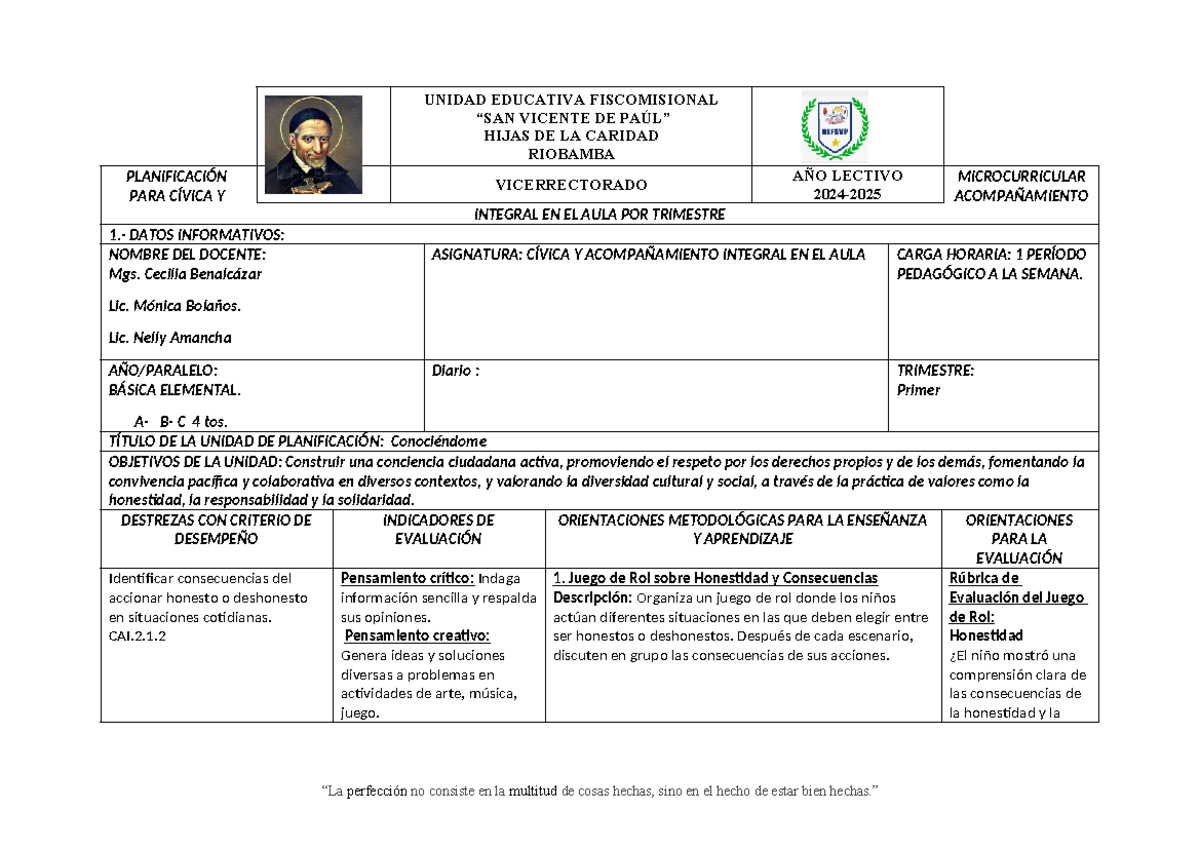 Planificación Trimestral de Cívica y Acompañamiento Integral 2024 - Studocu