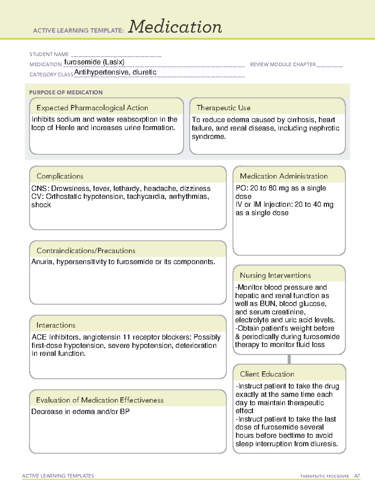 ACTIVE LEARNING TEMPLATE: Furosemide (Lasix) Medication Review - Studocu