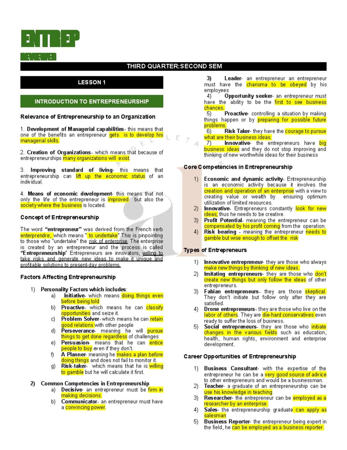 ENTREP 101: Introduction to Entrepreneurship - Lesson Overview - Studocu