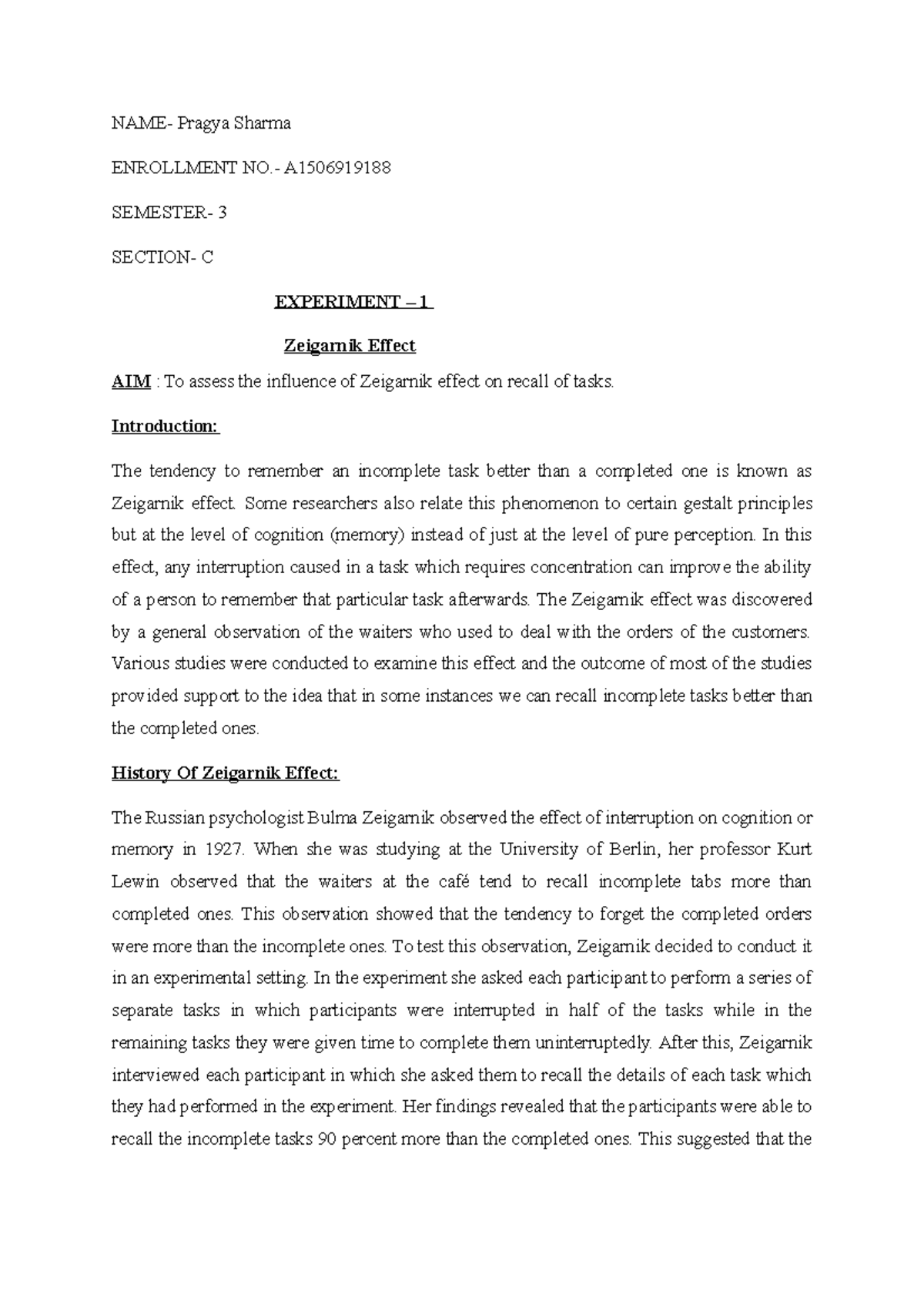 A1506919188 Semester 3 Experiment on the Zeigarnik Effect - Studocu