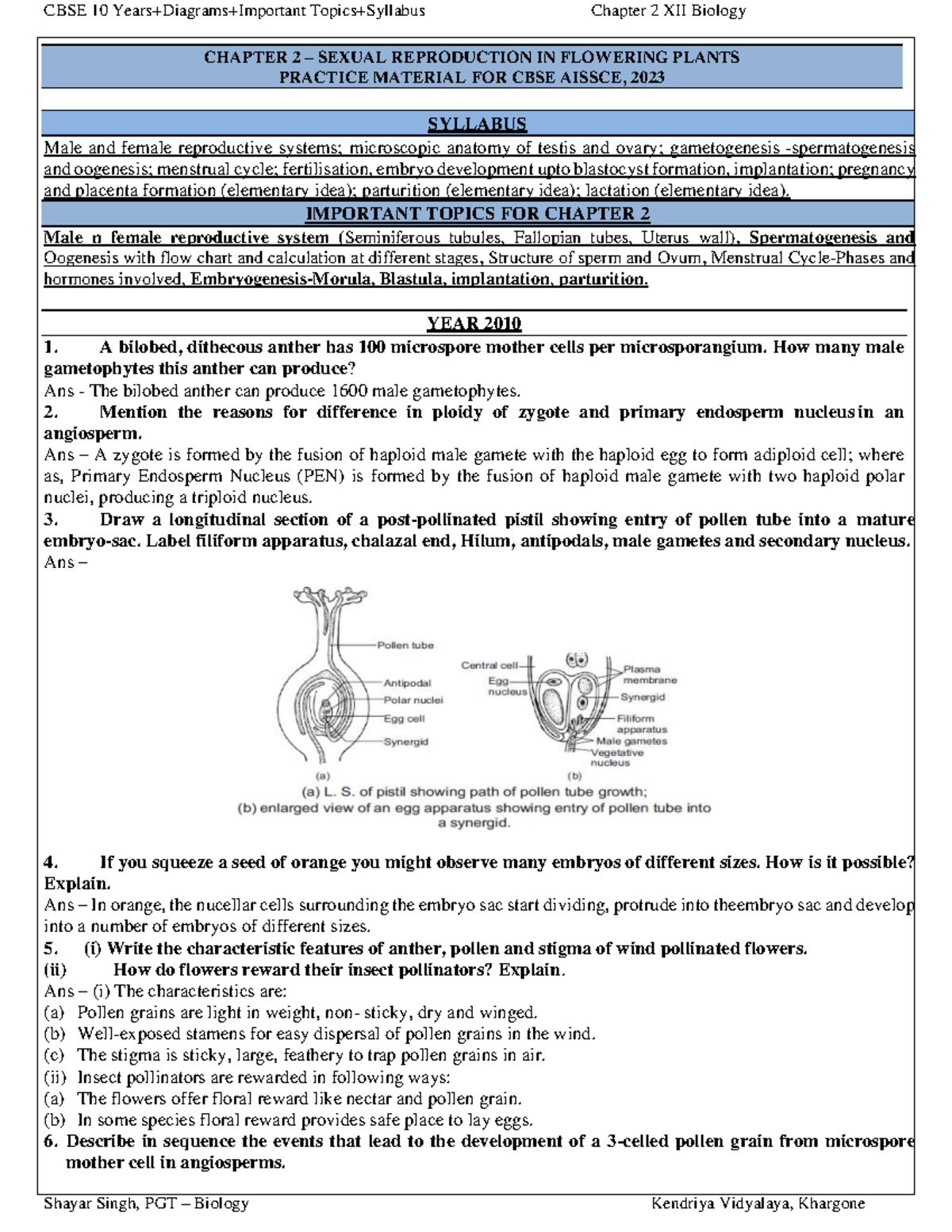 CBSE 10 Chapter 2 XII Biology: Sexual Reproduction in Flowering Plants ...
