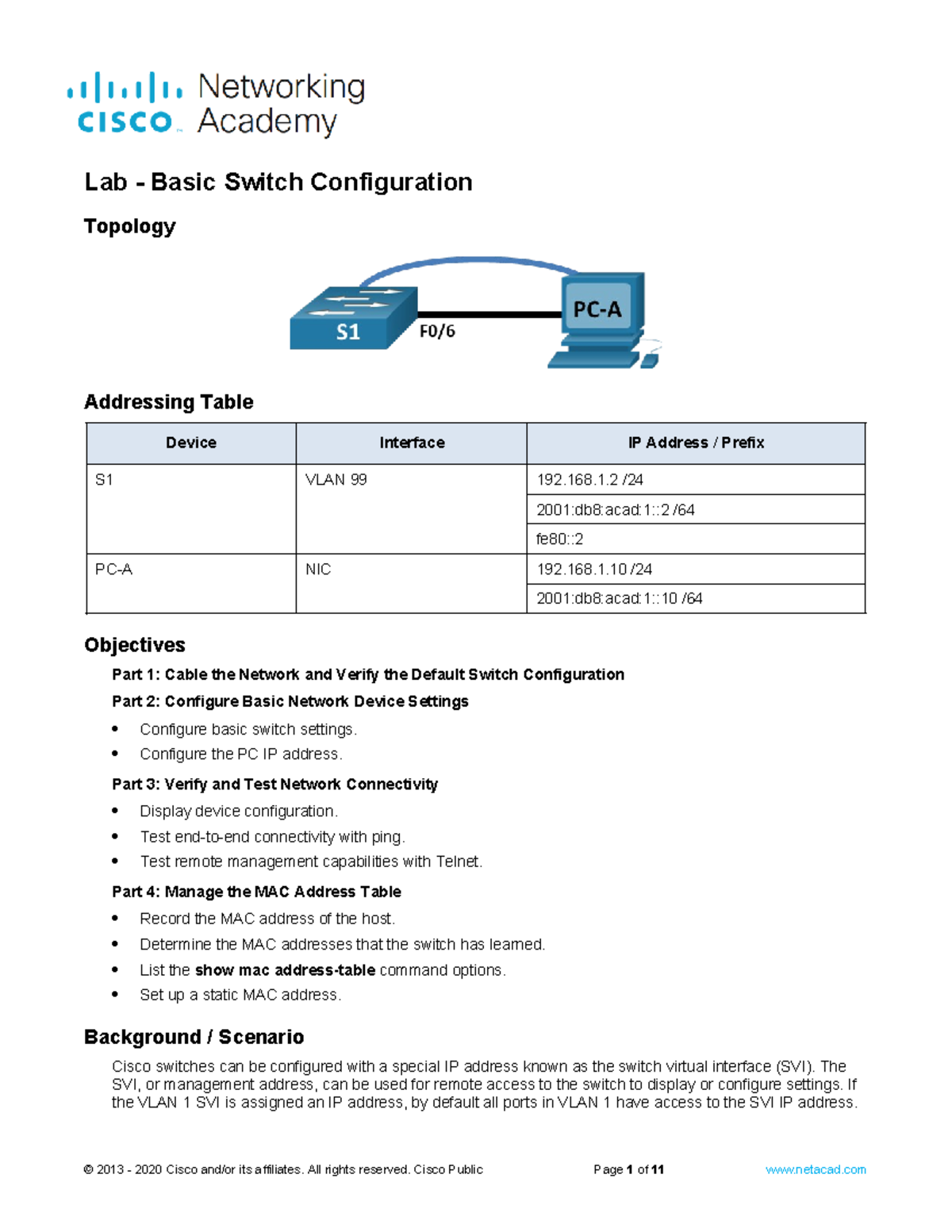 1.1.7 Lab - Basic Switch Configuration and VLAN Management - Studocu