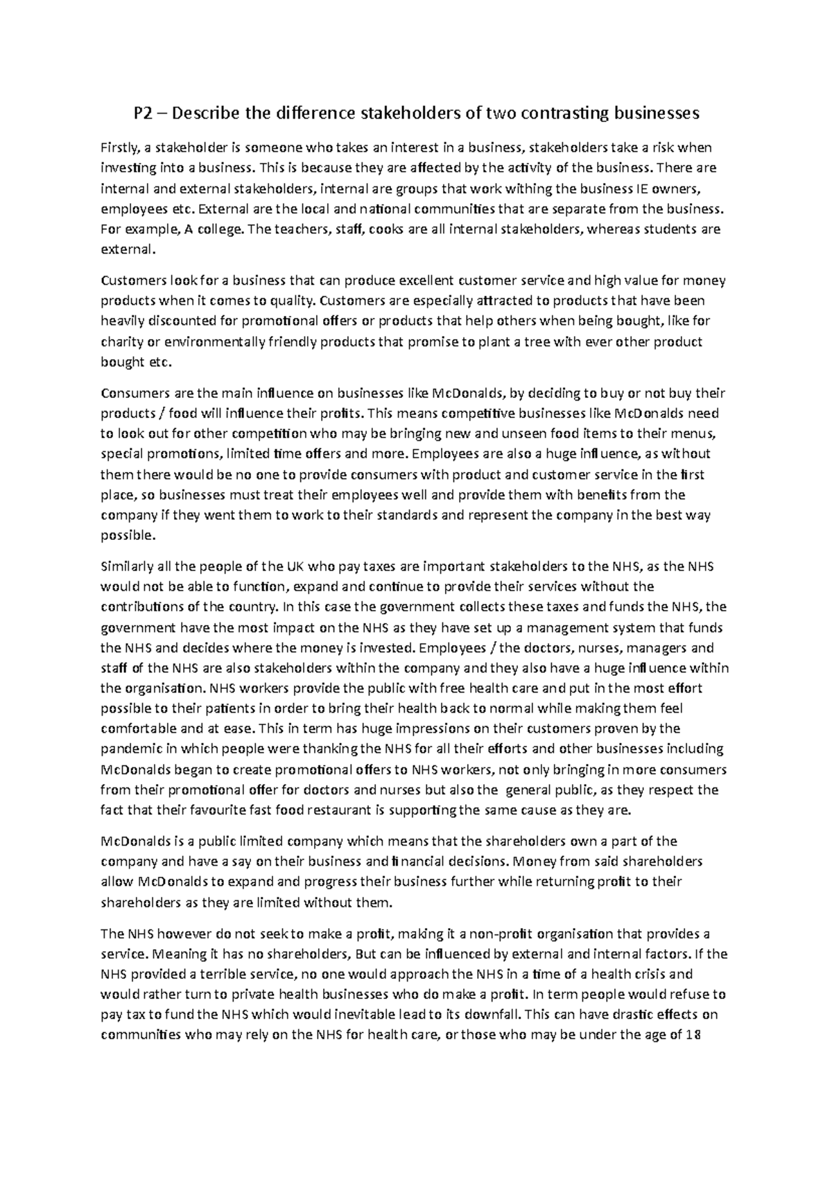P2 - P2 – Describe the difference stakeholders of two contrasting ...
