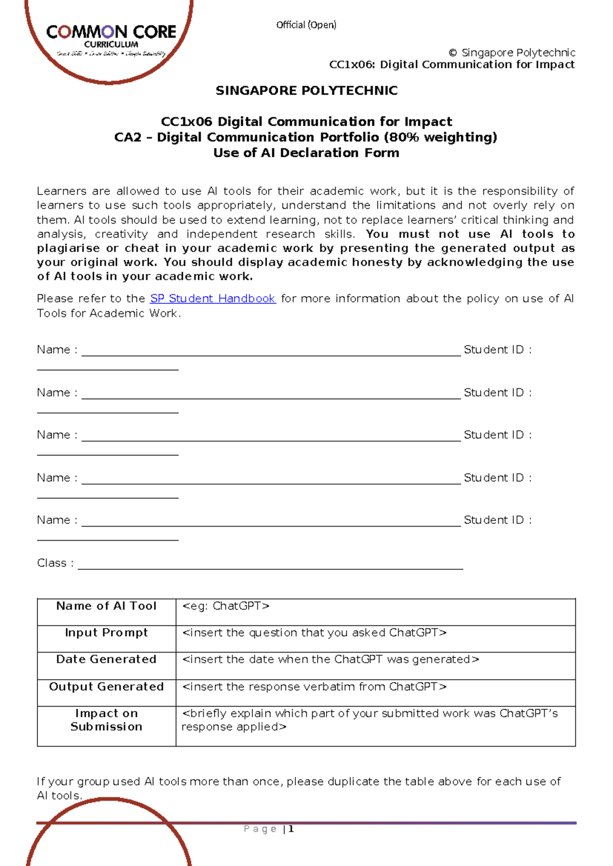 CC1x06 CA2 AI Tools Declaration Form for Digital Communication - Studocu