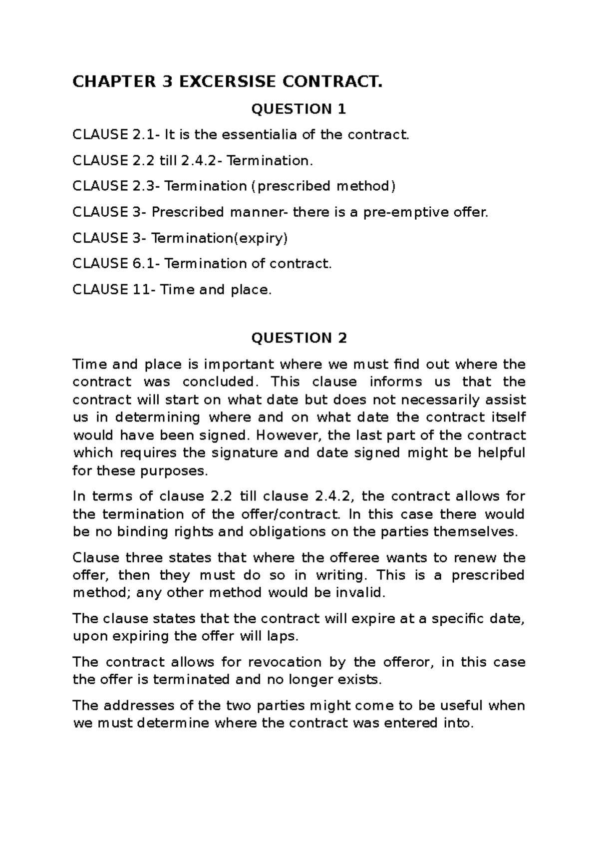 CHAPTER 3 EXERCISE CONTRACT: CLAUSES & TERMINATION ANALYSIS - Studocu