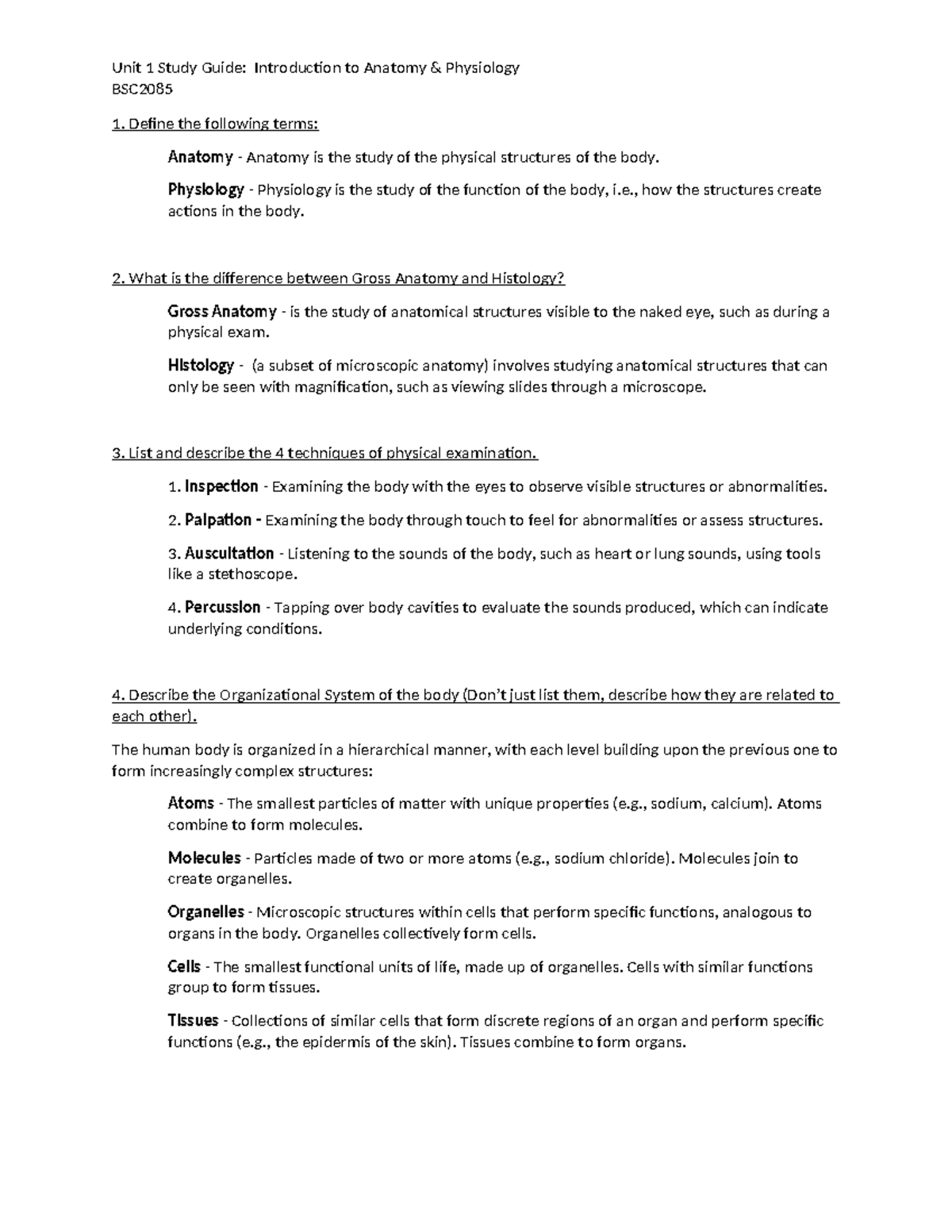 Unit 1 Study Guide: Intro to Anatomy & Physiology BSC2085 - Studocu