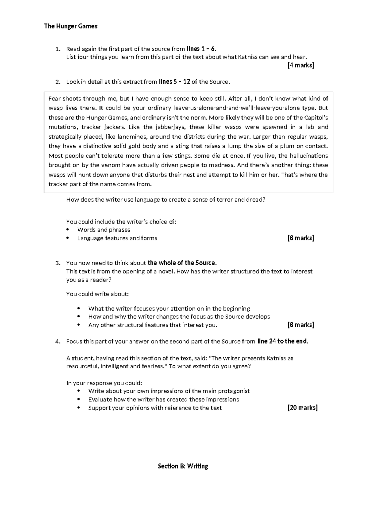 The Hunger Games Questions - The Hunger Games 1. Read again the first ...