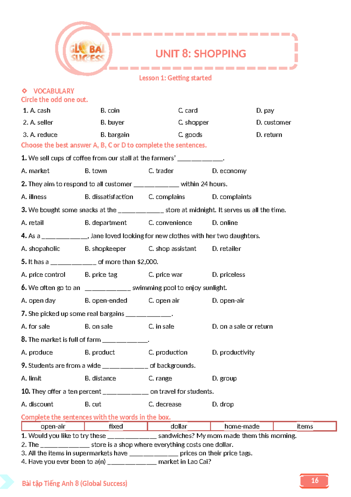 Unit 8: Shopping - Vocabulary & Exercises for Grade 8 Semester 2 - Studocu