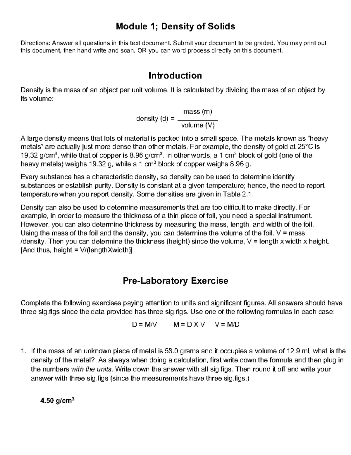 Module 1 Density of Solids - Module 1; Density of Solids Directions ...