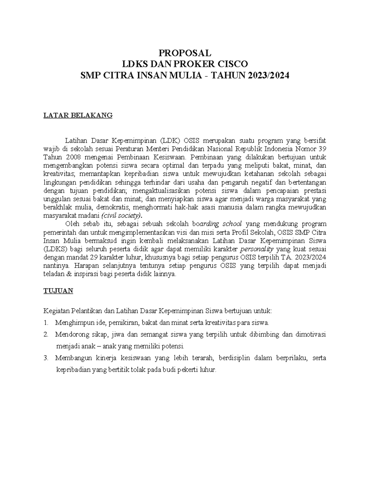 Proposal LDKS 2024-2025 SMP Citra Insan Mulia: Rencana dan Anggaran ...