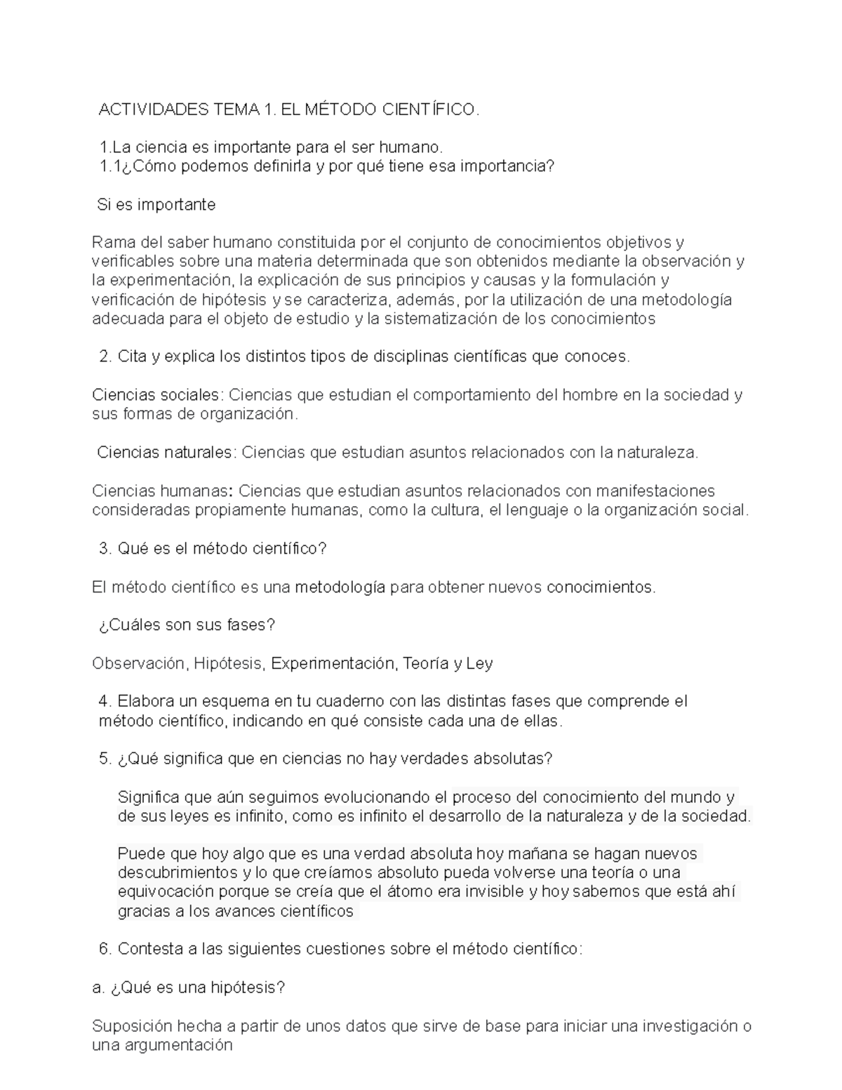 Actividades Tema 1: El Método Científico y sus Importancias - Studocu