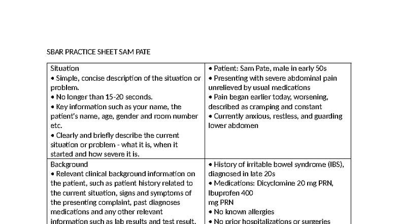 SBAR Communication Practice for Nursing: Sam Pate Case Study - Studocu