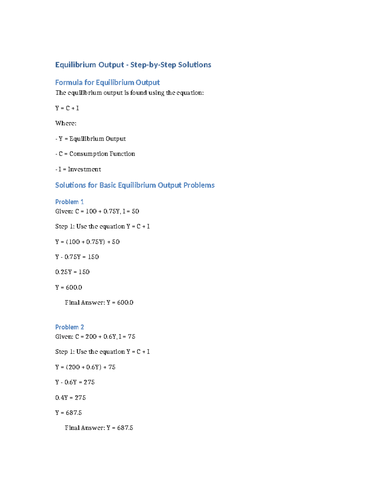 Equilibrium Output Solutions - Equilibrium Output - Step-by-Step ...