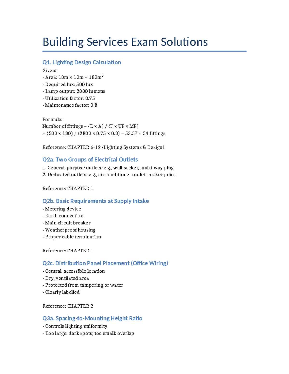 Building Services Exam Solutions (BS101) - Lighting & Electrical Design ...