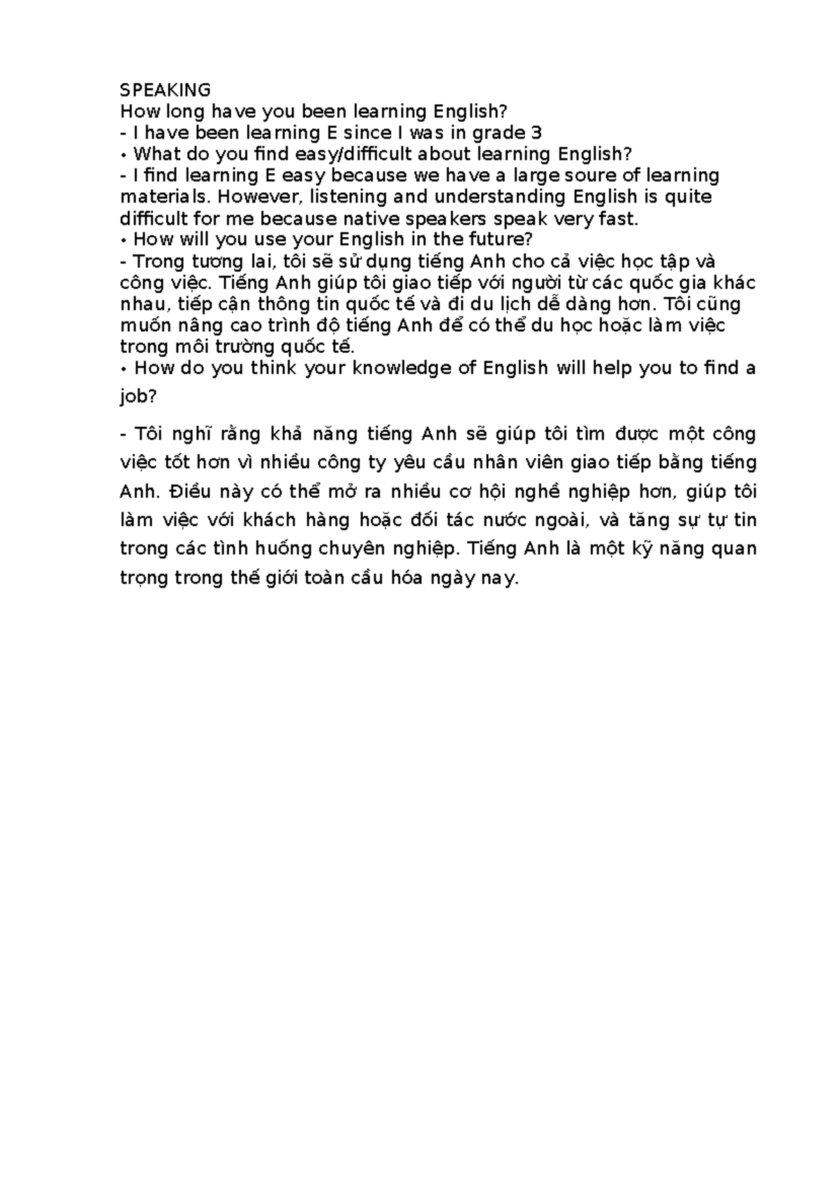 SPEAKING: My English Learning Journey and Future Plans - Studocu