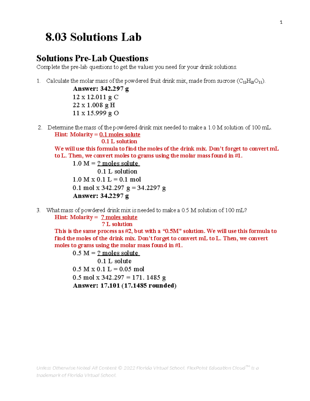 8.03 Solutions Lab - Molarity Calculations and Analysis - Studocu