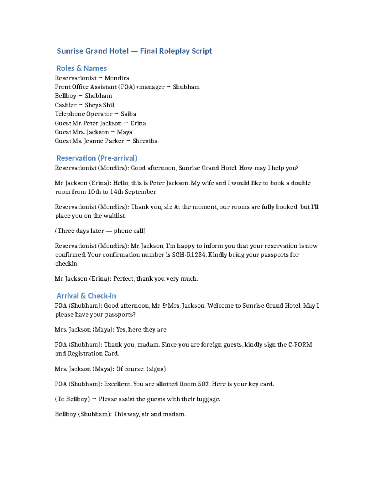 Sunrise Grand Hotel Final Roleplay Script: Reservations & Guest ...