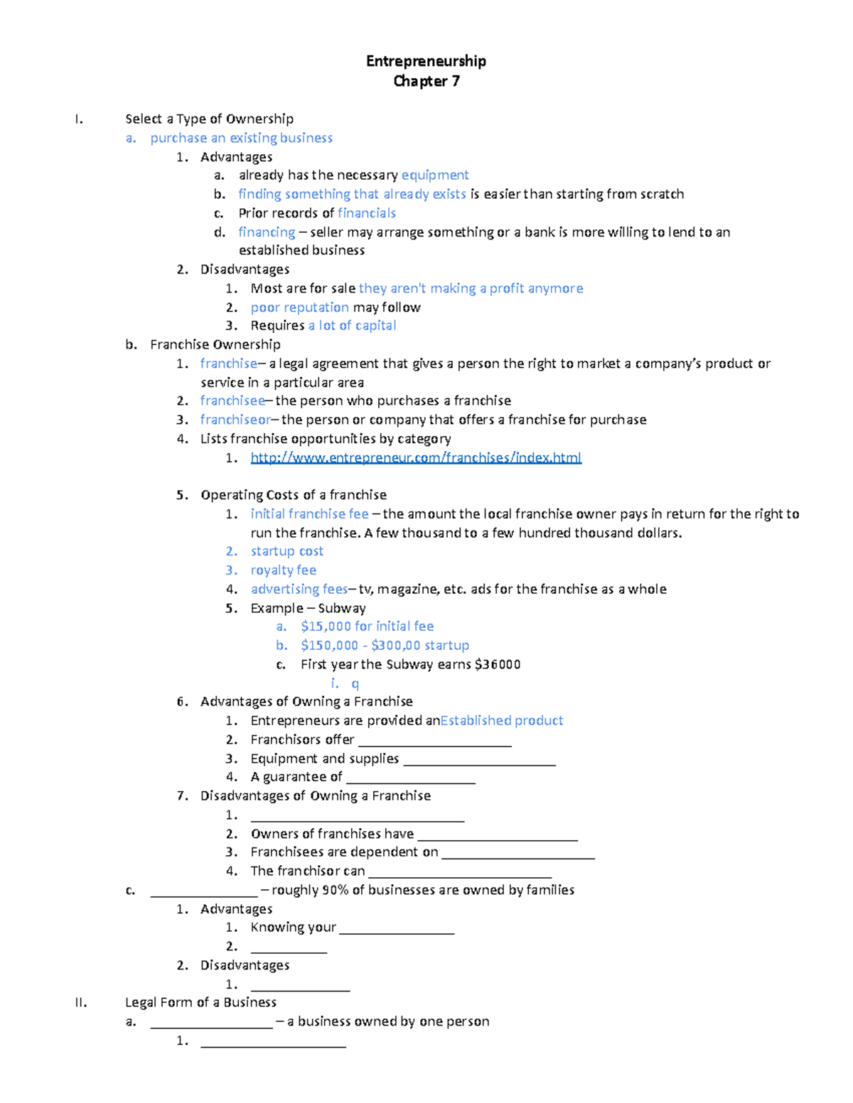 Copy of Chapter 7 Student Copy - Entrepreneurship Chapter 7 I. Select a ...
