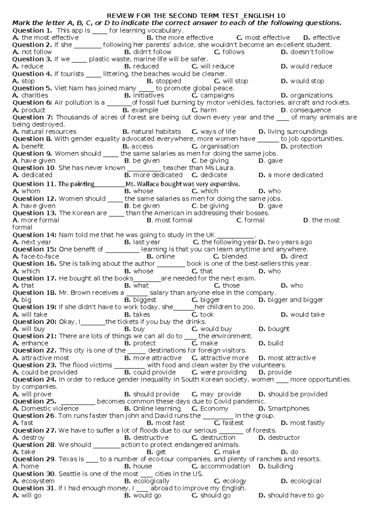 REVIEW FOR THE SECOND TERM TEST _ENGLISH 10 - Studocu