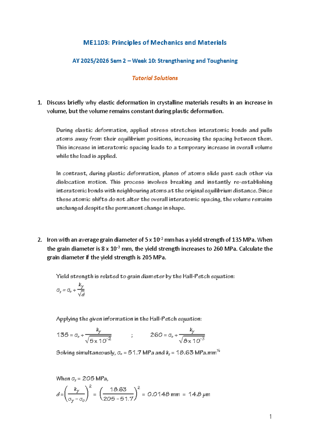 ME1103: Week 10 Tutorial Solutions on Strengthening & Toughening - Studocu
