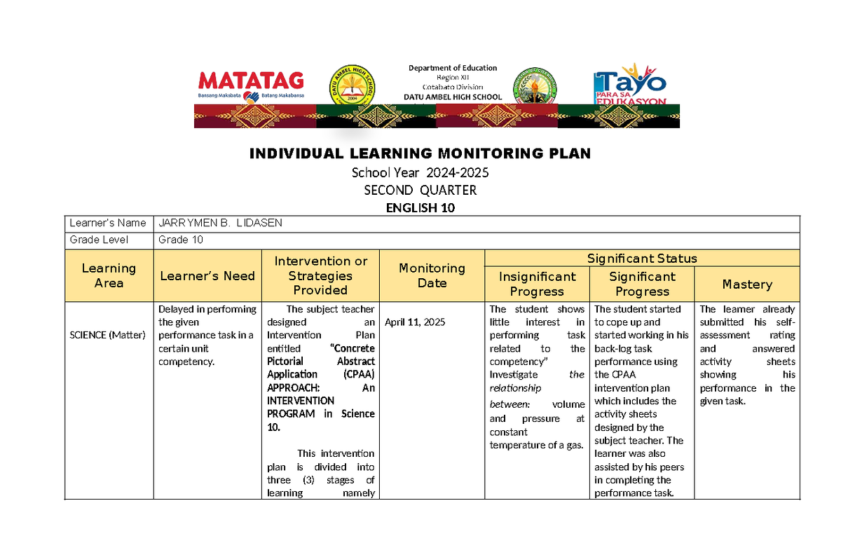 ILMP for Promotion: Science 10 Intervention Plan - Studocu