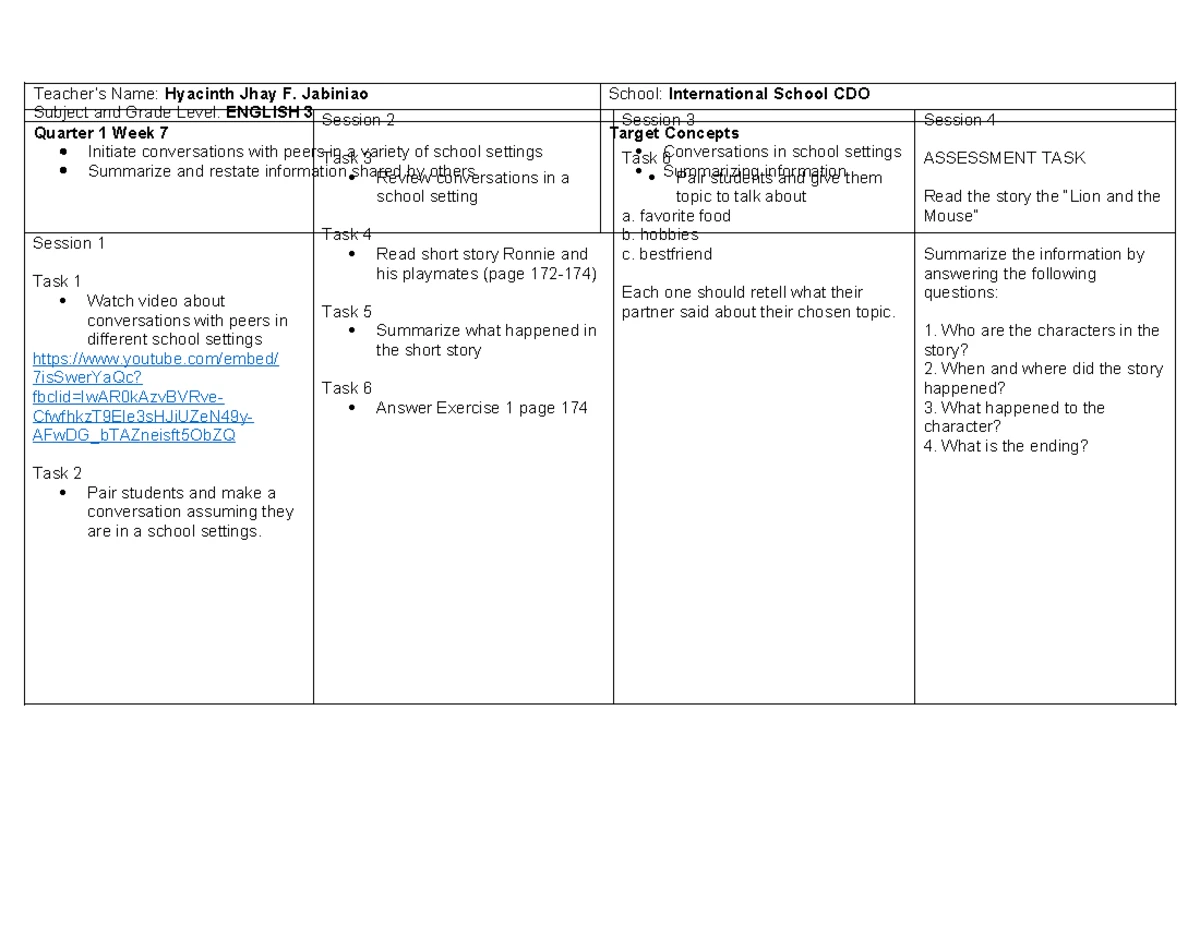 Grade 3 English Lesson Plan: 2 Syllable Words - Q1 W6 - Studocu