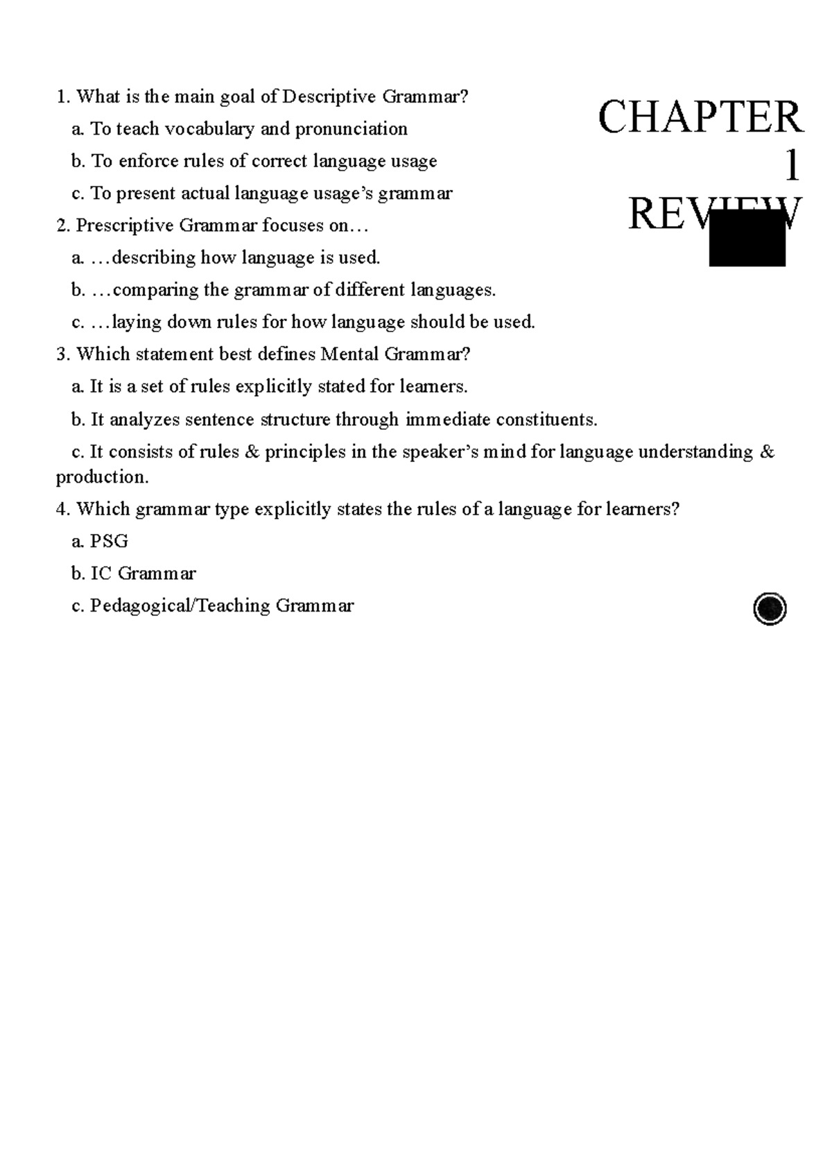 CHAPTER 1 REVIEW: Key Concepts in Descriptive and Prescriptive Grammar ...