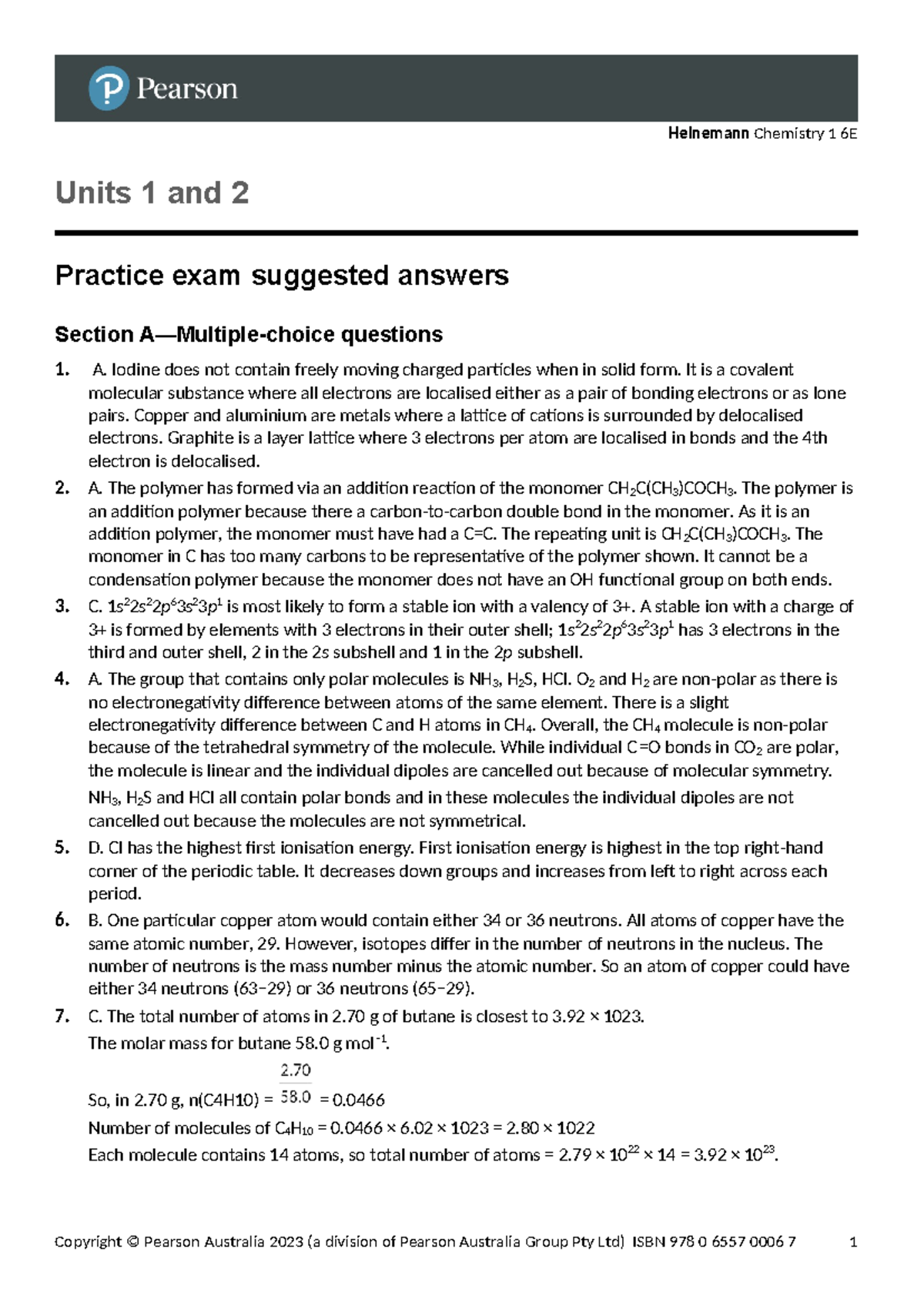 Heinemann Chemistry 1 6E Year 11 Practice Exam Suggested Answers - Studocu
