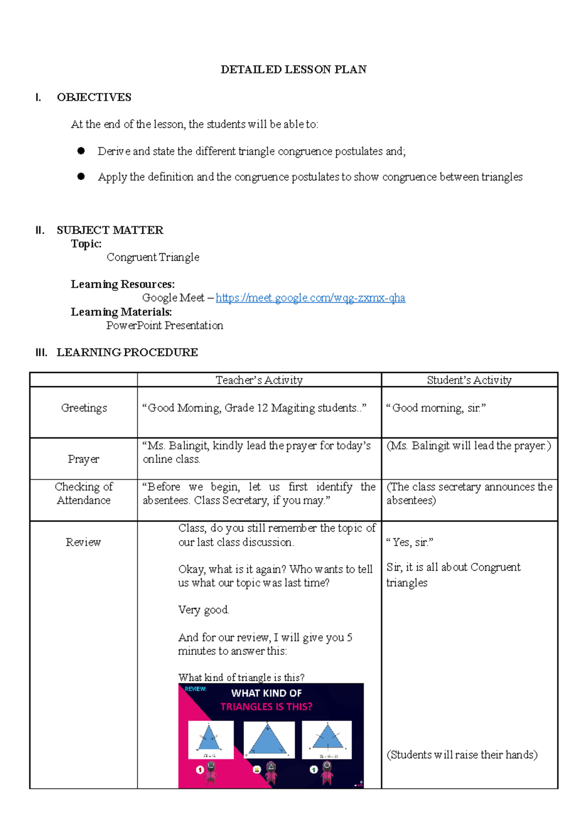 Lesson Plan In Math (Congruent Triangles) - DETAILED LESSON PLAN I ...