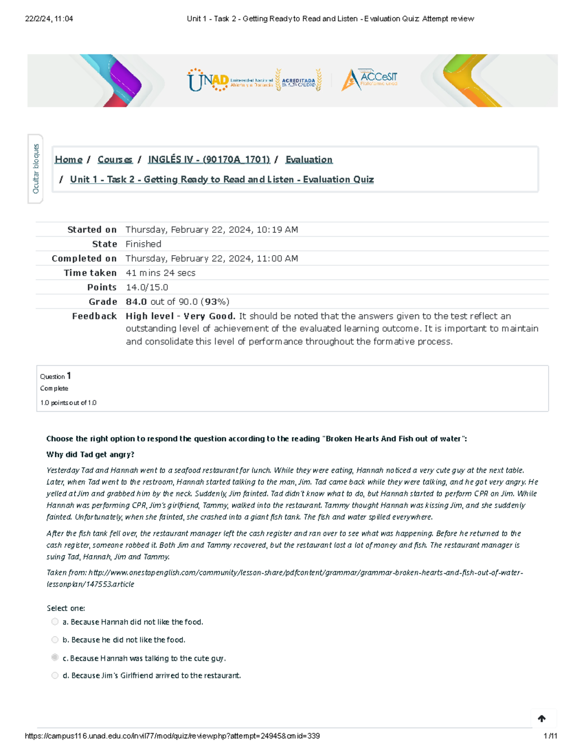 Unit 1 - Task 2 - Getting Ready to Read and Listen - Evaluation Quiz ...