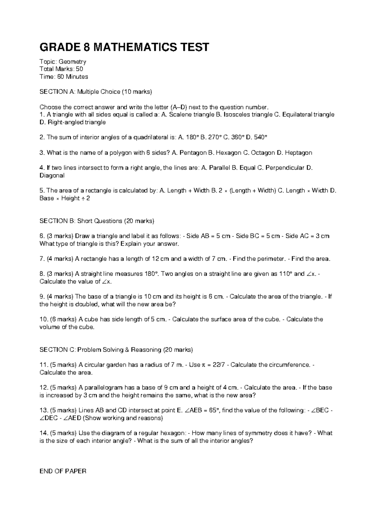 Grade 8 Mathematics Test: Geometry Practice Material - Studocu