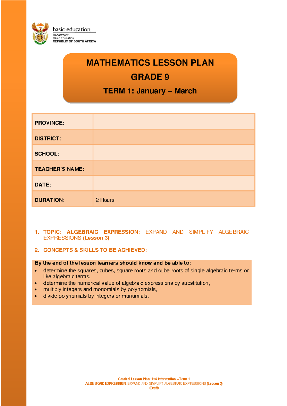 MATHEMATICS GRADE 9 TERM 1 LESSON PLAN: ALGEBRAIC EXPRESSIONS - Studocu