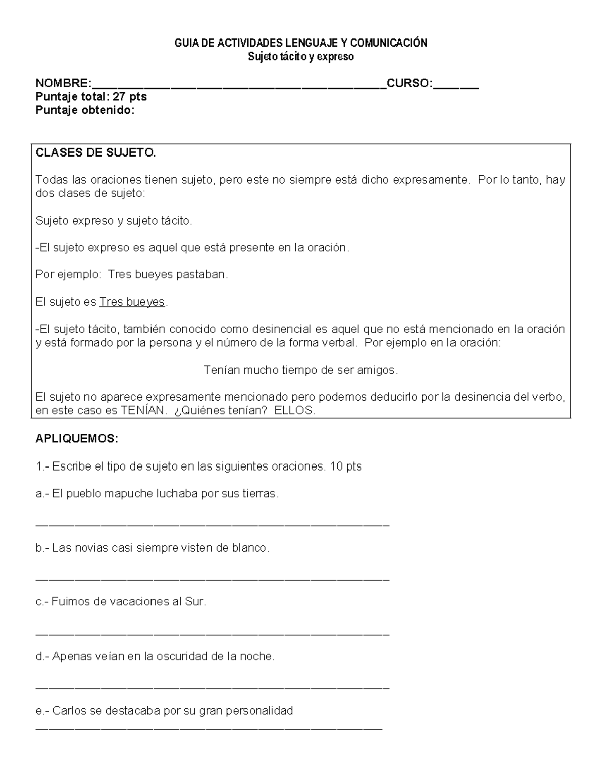 Guía de Actividades: Sujeto Tácito y Expreso - Lenguaje y Comunicación ...