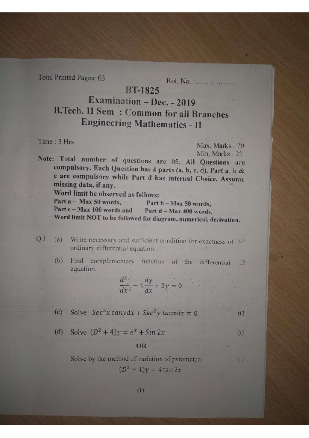 Engineering Mathematics II Exam Paper - B.Tech. II Sem (Dec 2019) - Studocu