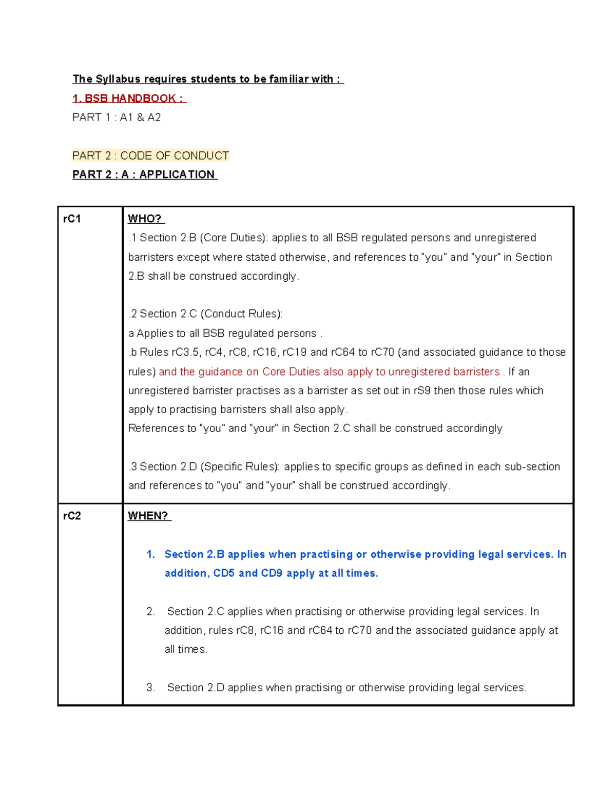 Ethics Syllabus Reading for BSB Code of Conduct and Core Duties - Studocu