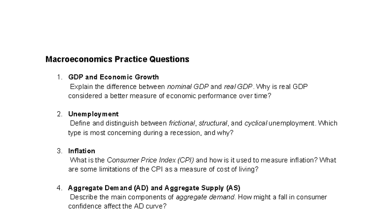 Macroeconomics Practice Questions: GDP, Unemployment, and Inflation ...