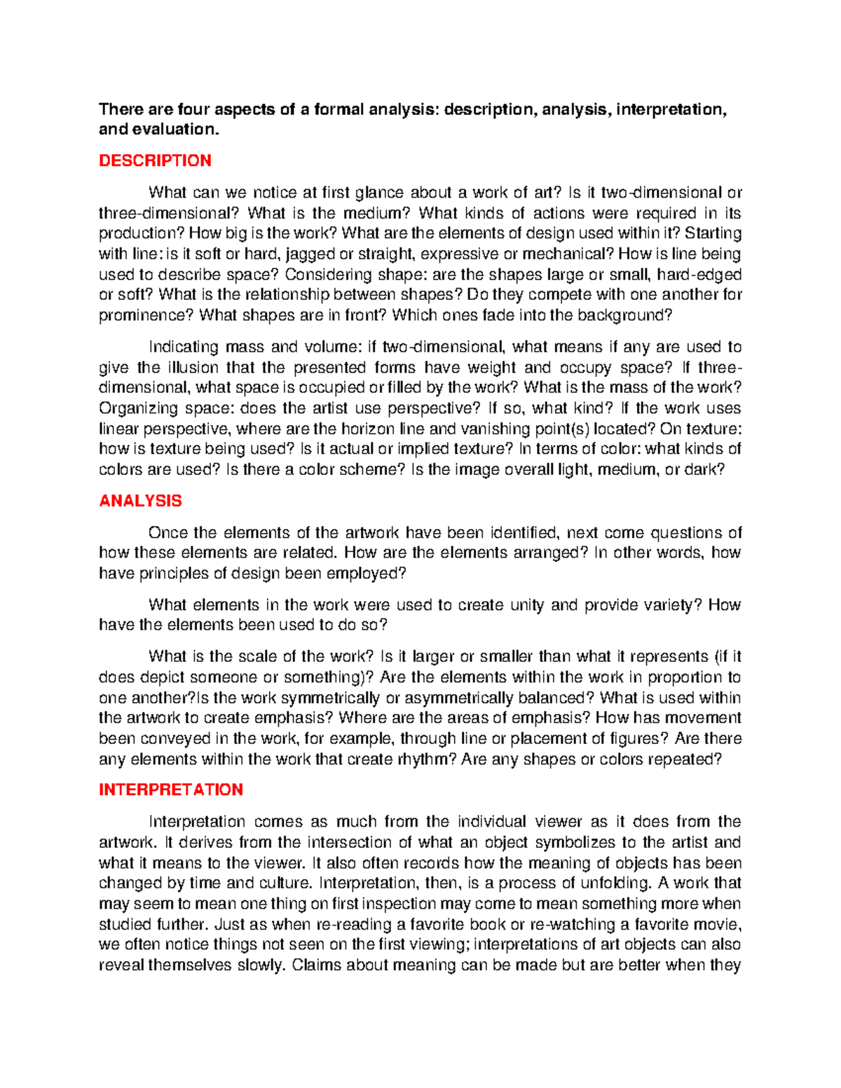 How to Analyze An Art - Grade: 98 - There are four aspects of a formal ...