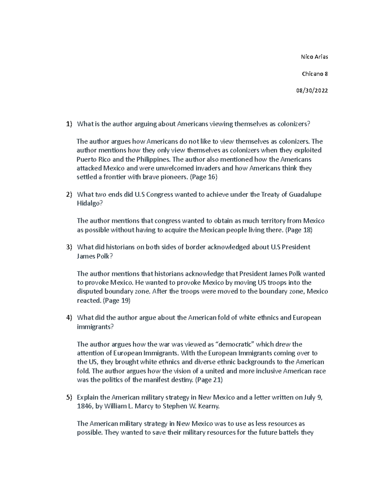Chicano 8 - Reading Response #1: American Views on Colonization - Studocu