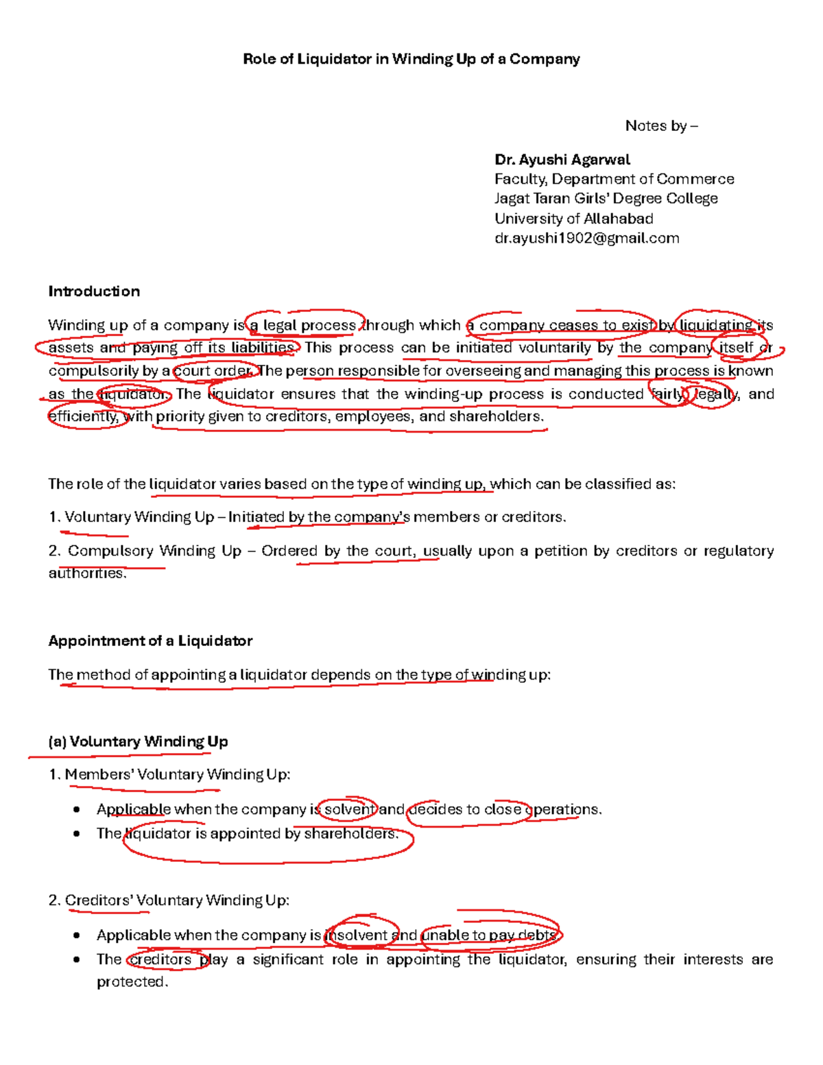 Role of Liquidator in Company Winding Up (COM 101) Notes - Studocu