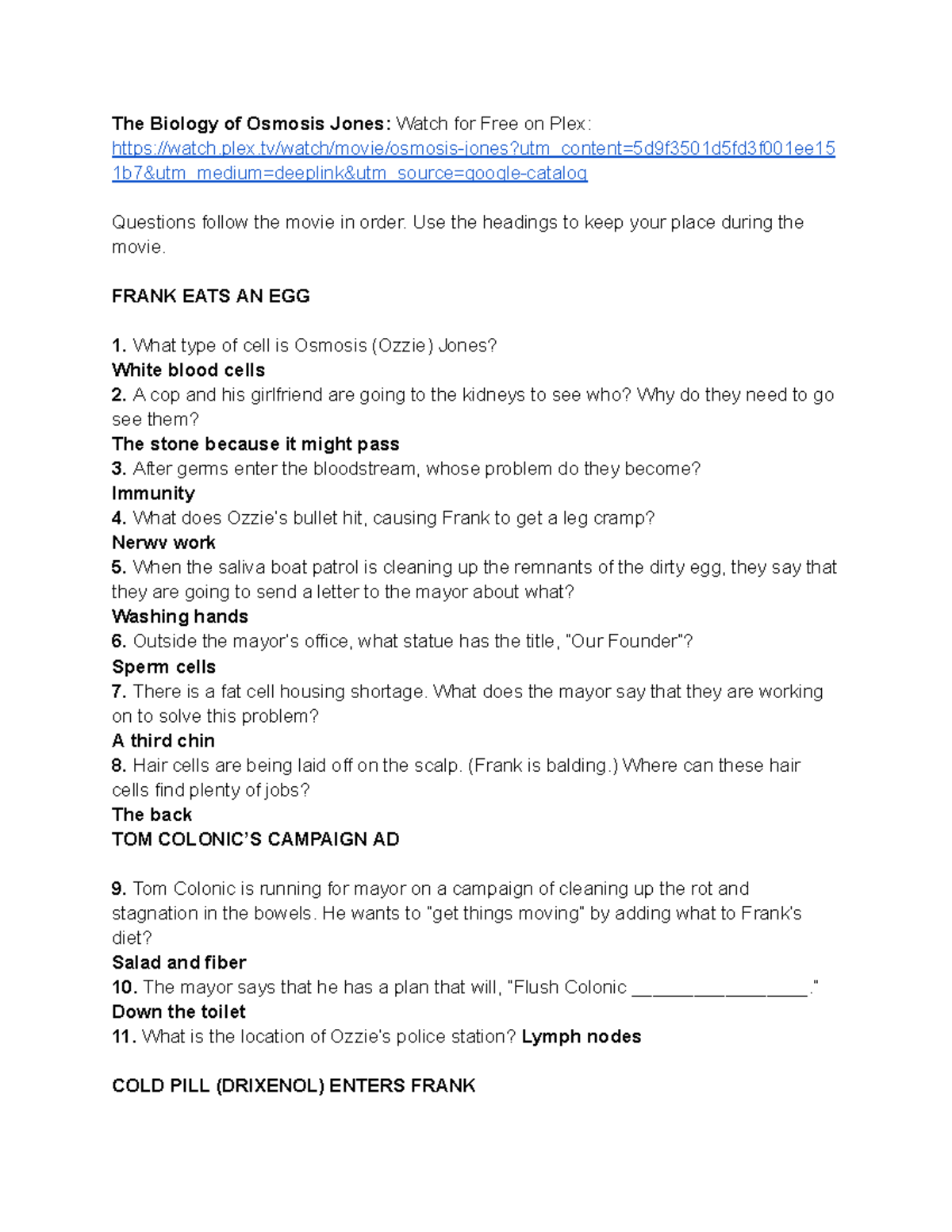 BIOL 101: Osmosis Jones Movie Notes & Questions Analysis - Studocu