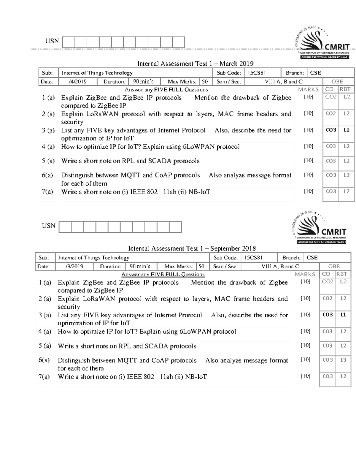 IAT-II Question Paper with Solutions for 15CS81 IoT Technology - April ...