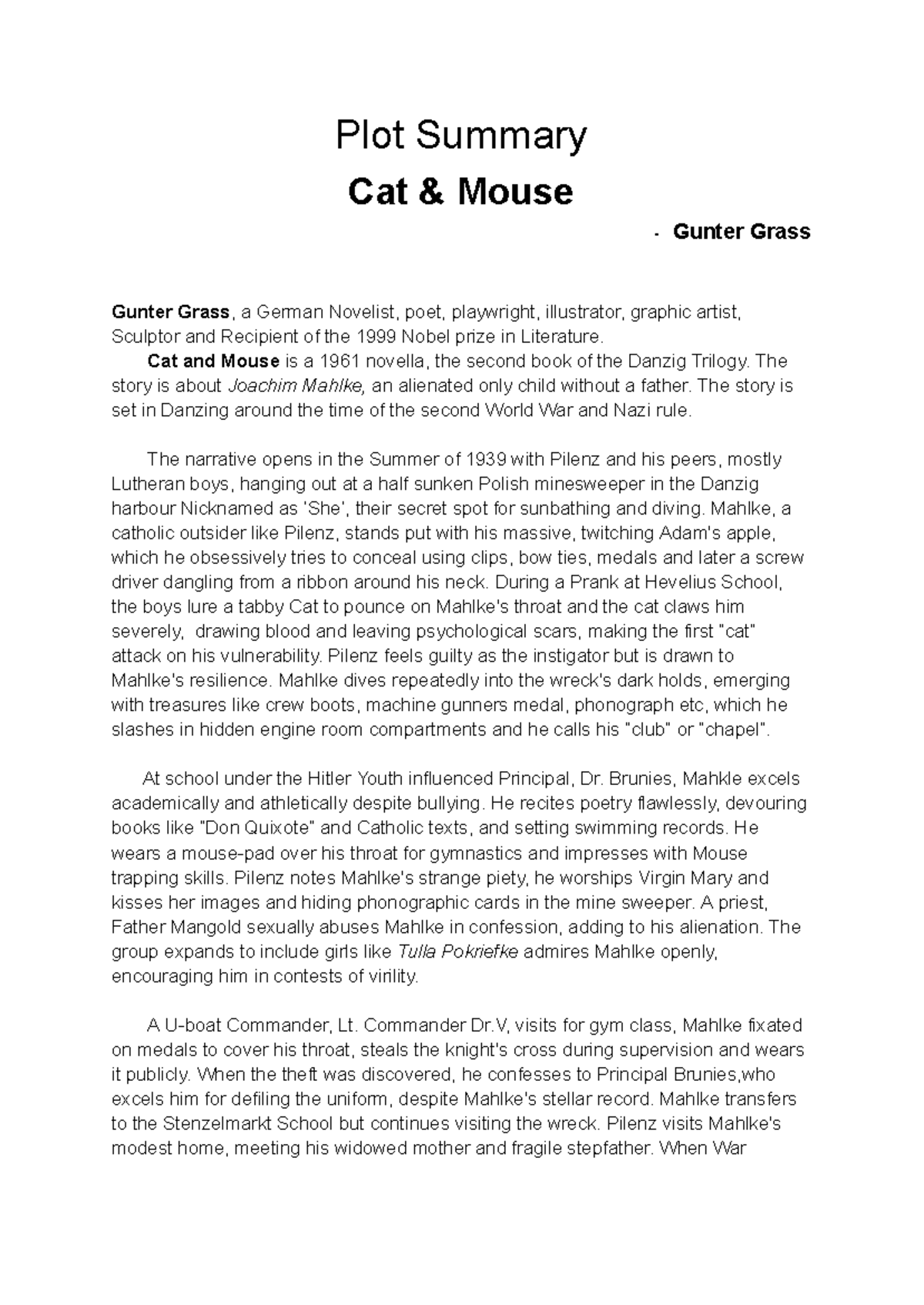 Cat & Mouse (1961) Plot Summary: Gunter Grass's Danzig Trilogy - Studocu