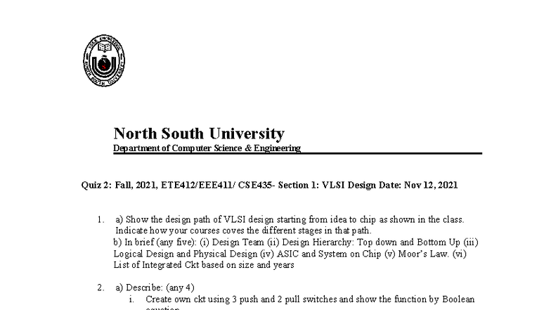 North South University CSE Quiz 2: VLSI Design, Fall 2021 - Studocu