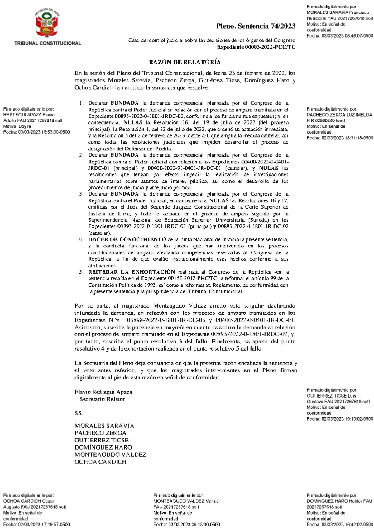 Exp. 00003-2022-CC Sentencia del Tribunal sobre el Control Judicial en el Congreso - Studocu